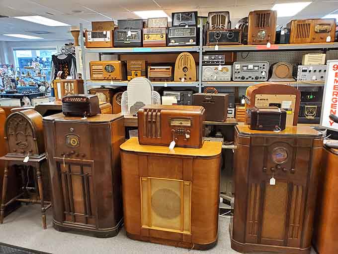 These wooden radio consoles aren't just furniture, they're time capsules from when families gathered around for evening entertainment.