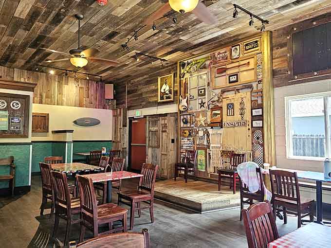 Reclaimed wood walls and vintage charm create the perfect backdrop for your upcoming meat-induced happiness.
