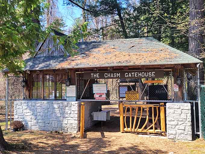The Chasm Gatehouse stands ready to welcome visitors into geological history, rustic charm included at no extra charge.