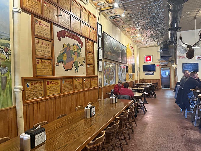 Step inside and you're transported to a Swiss tavern where the beer flows and the cheese never stops.