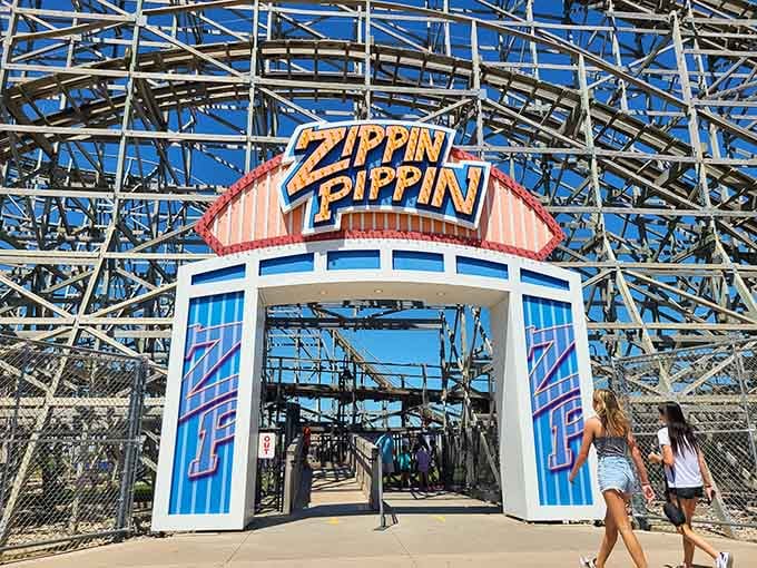 The Zippin Pippin entrance beckons like a portal to simpler times when fun was measured in smiles.