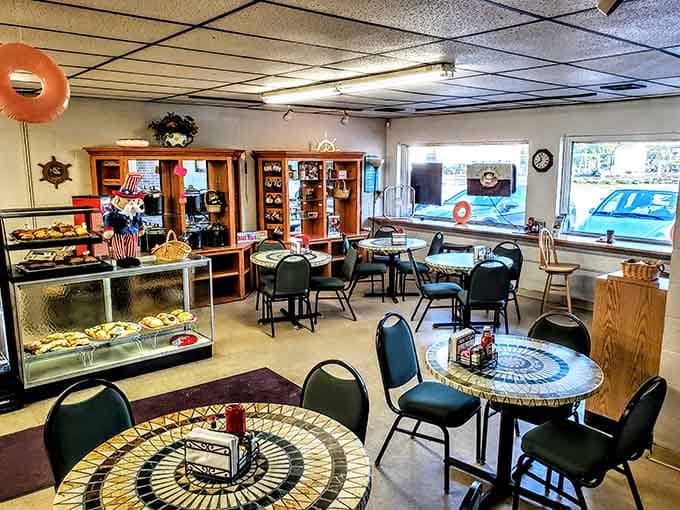Nautical touches and cozy tables create the perfect spot to linger over coffee and contemplate your next donut selection.