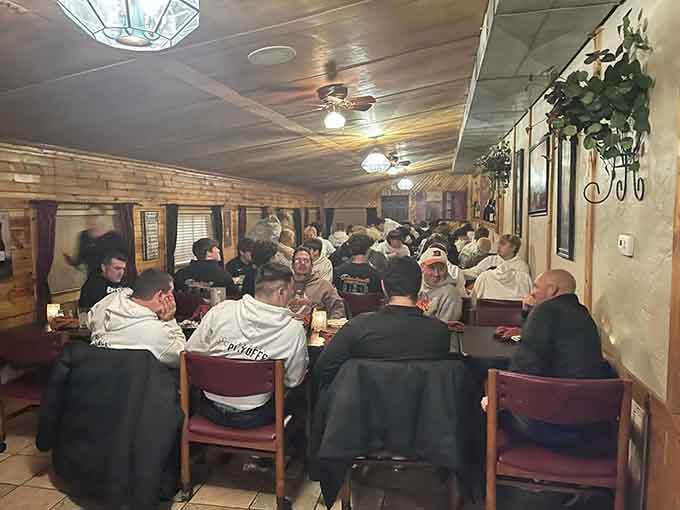 Wood paneling and packed tables tell you everything you need to know about this place's reputation.