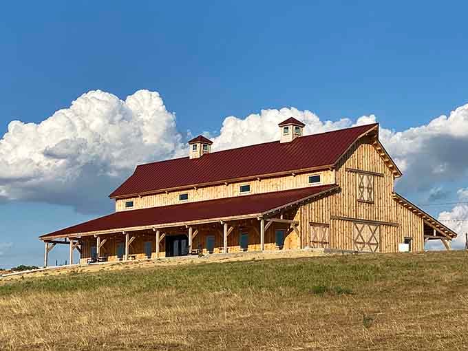 That red metal roof and natural wood siding against billowing clouds creates a postcard moment you didn't know existed.