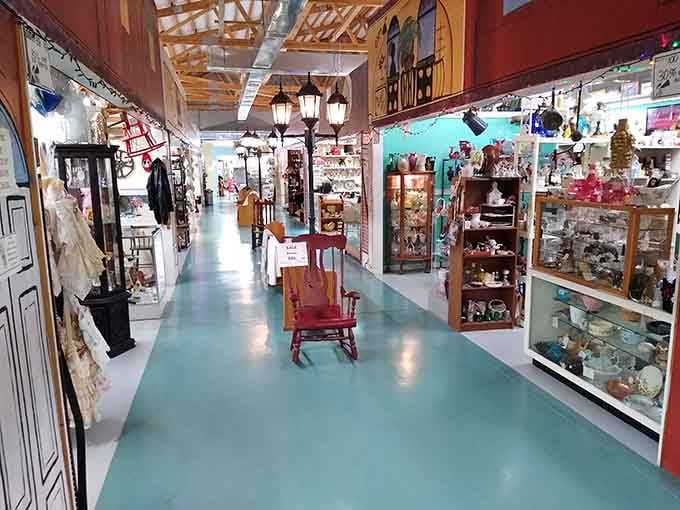 Those turquoise floors and exposed beams create an airy cathedral of nostalgia where every aisle reveals another era.