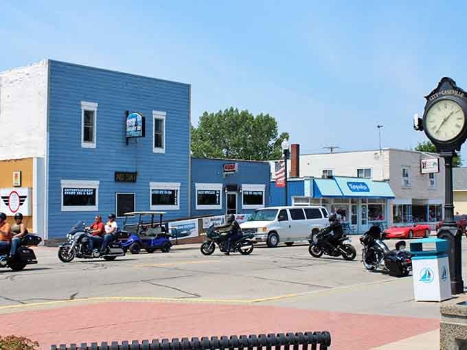 Downtown Caseville's colorful storefronts and street clock prove small towns can have serious personality without trying too hard.