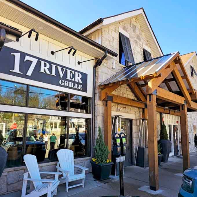 Stone walls, timber beams, and Adirondack chairs out front, 17 River Grille means serious business about relaxed dining.