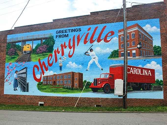 This mural celebrates everything Cherryville: baseball, textiles, and a pride that refuses to fade with time.