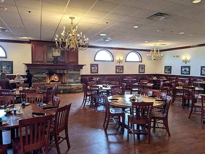Crystal chandeliers and a roaring fireplace create the kind of ambiance that makes sweatpants feel underdressed.