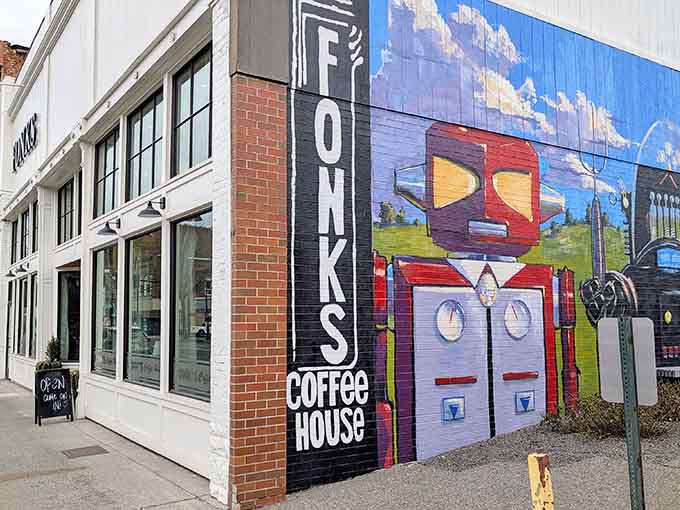 When your coffee shop's mural features a robot, you know this town has a sense of humor.