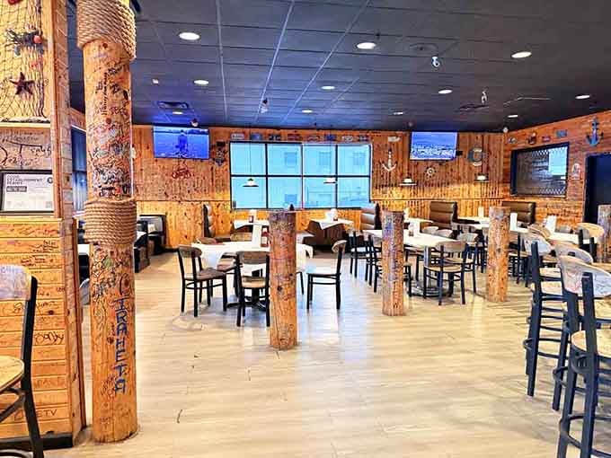 Nautical touches and rope-wrapped columns transport you coastward without requiring a single mile of actual travel.