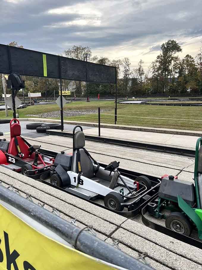 These colorful karts sit ready like eager racehorses, just waiting for someone to unleash their inner Mario Andretti.