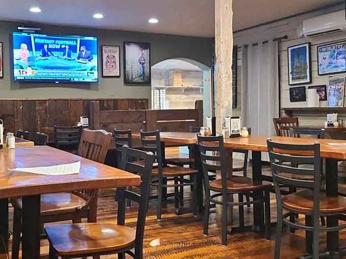Wood-paneled walls and comfortable seating create the perfect spot to settle in for serious pizza consumption.