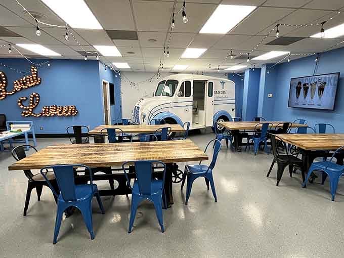 A vintage milk truck centerpiece and rustic wooden tables create nostalgia you can practically taste.