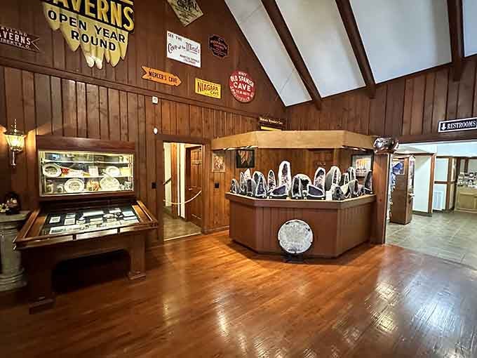 The visitor center's warm wood interior sets the stage for your underground adventure with displays and cave memorabilia galore.