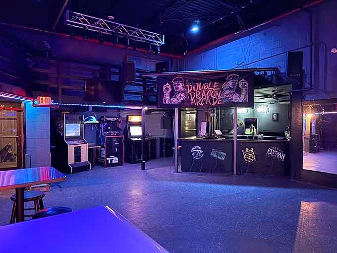 Step into this glowing wonderland where purple haze meets arcade craze in perfect harmony.