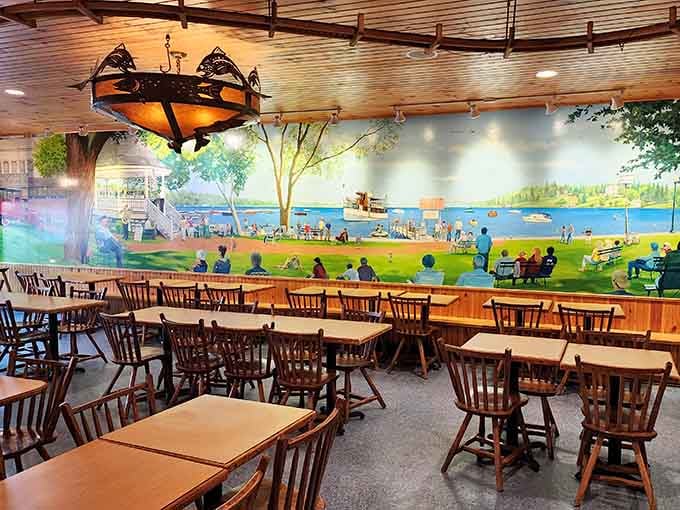 Step inside and that stunning lakeside mural transports you to summer, even in January's deepest freeze.