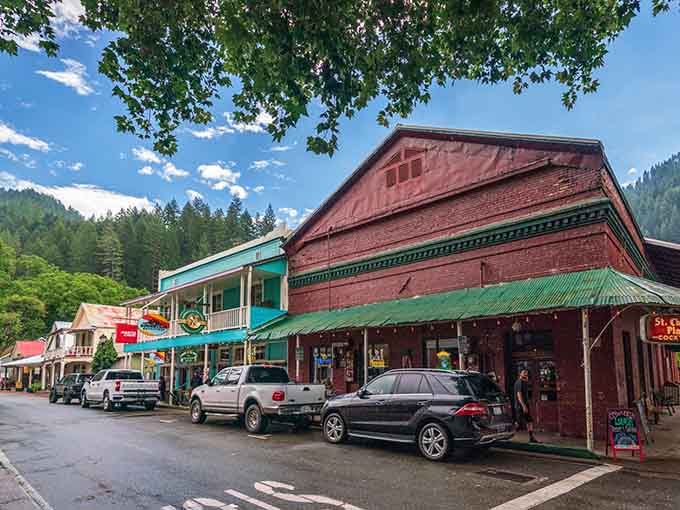 Mountain town architecture meets Sierra Nevada backdrop in a scene that belongs on a calendar you'd actually keep.