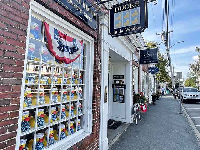 The patriotic bunting adds a touch of Americana to what might be the most cheerfully obsessive window display ever.