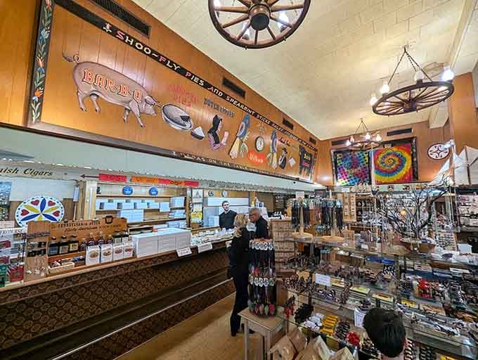 Wagon wheels and wooden beams create the kind of cozy atmosphere that makes you want to buy everything.