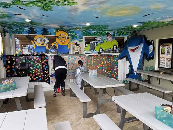 Minions, a shark, and magnetic letters on the tables. This dining room didn't come to play it safe.