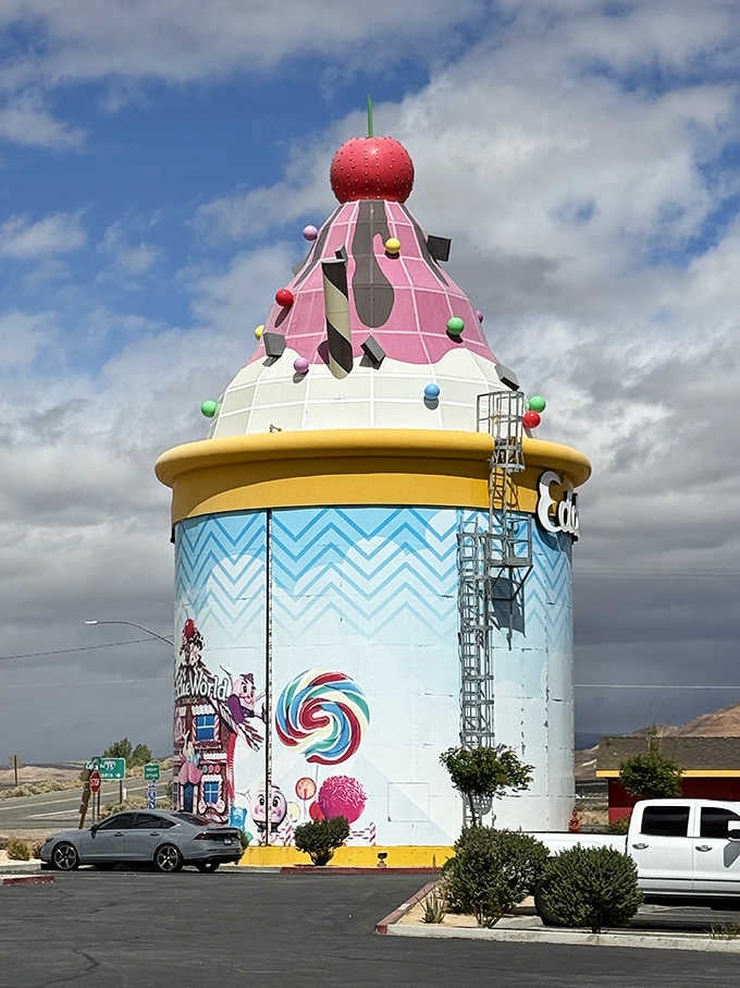 A cherry-topped ice cream cone the size of a building, because subtlety is overrated in the desert.