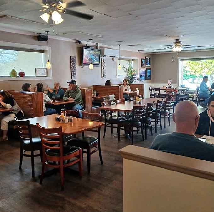 Cozy booths and friendly faces fill this welcoming space where locals gather for their morning ritual.