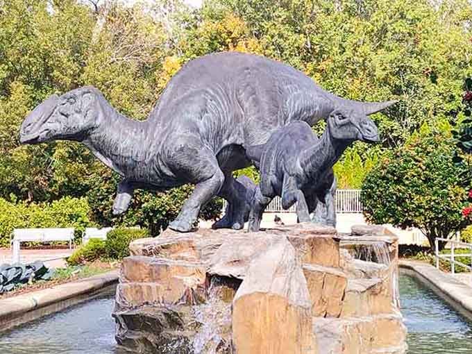 Because every ancient forest needs a family of dinosaurs to remind you this place has serious history.
