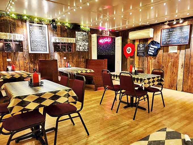 String lights and checkered tablecloths create the perfect mountain diner atmosphere for serious sandwich eating.