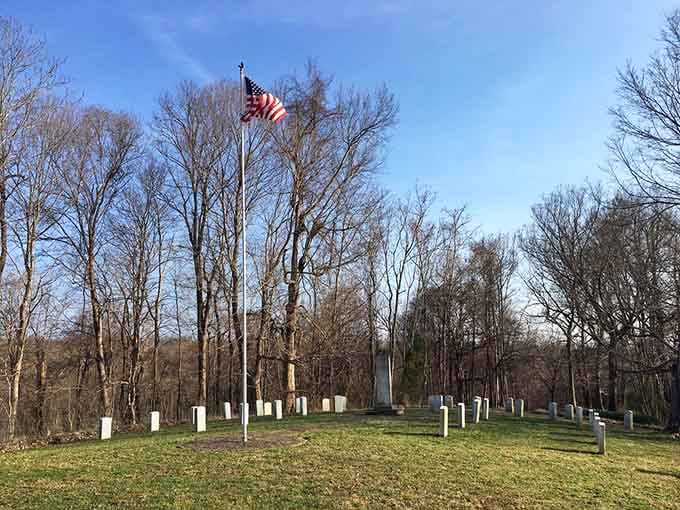 The memorial cemetery honors soldiers who served at Fort Duffield, a peaceful tribute to sacrifice.