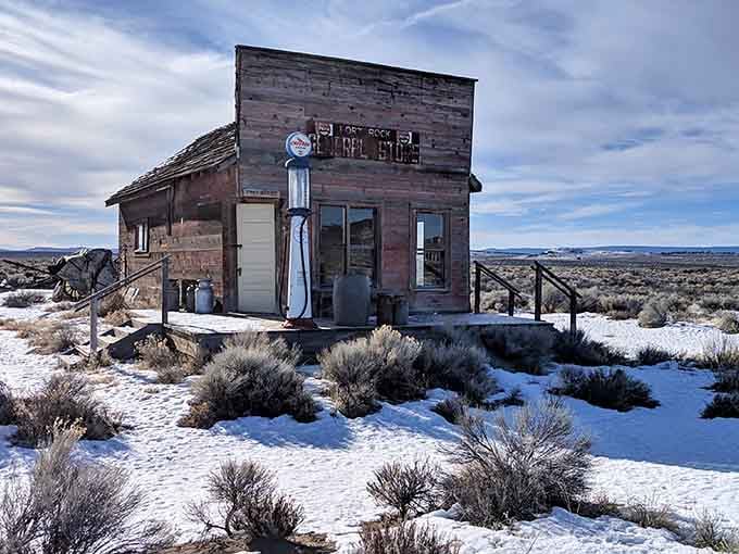 This general store looks ready for its close-up, complete with vintage gas pump and winter dusting.