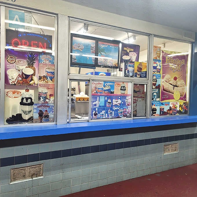 Those vintage posters and neon "OPEN" sign promise the kind of ice cream your grandparents remember fondly.