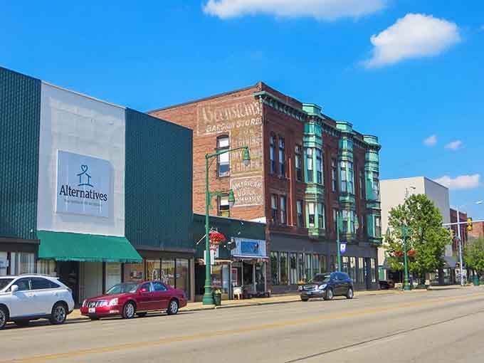 Ghost signs and vintage facades create a streetscape that feels like stepping onto a classic movie set.
