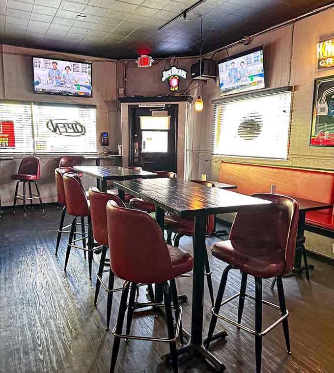 Cozy booth seating and TVs overhead create the perfect spot for lingering over exceptional comfort food.