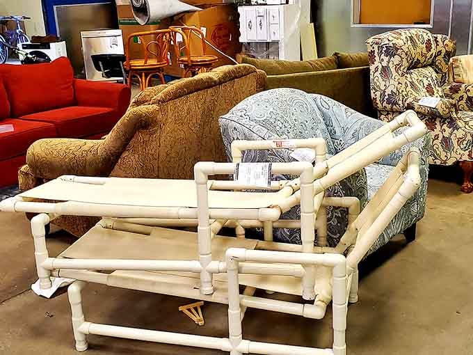 When PVC pipe furniture meets vintage upholstery, you've stumbled into the wonderfully weird world of outlet shopping possibilities.