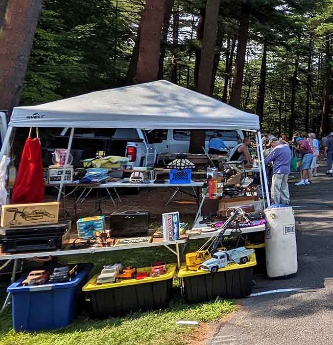 White tents shelter treasures while shoppers hunt through bins like archaeologists on the world's most affordable dig site.