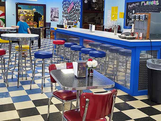 Chrome, vinyl, and checkered floors create the perfect backdrop for your impending sugar rush and nostalgia overdose.