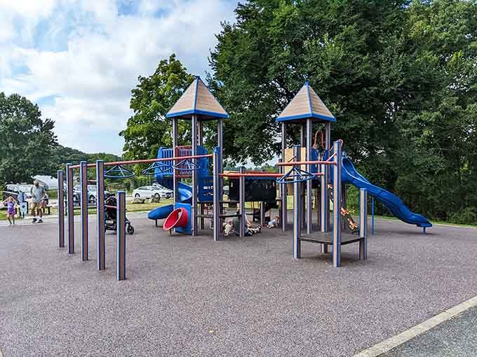 Modern playground equipment with castle-like towers proves that kids today have it pretty good when it comes to outdoor fun.