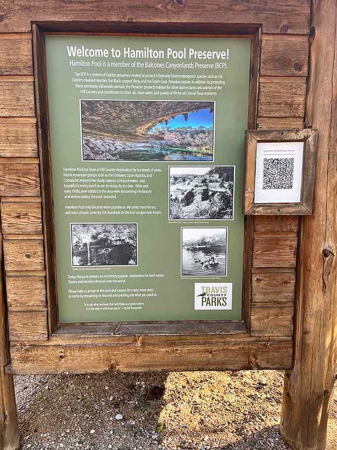 This weathered sign tells the story of a collapsed grotto that became Texas's most stunning swimming destination.