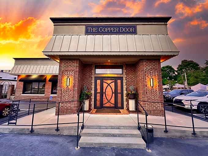 The Copper Door's entrance promises upscale dining where mountain hospitality meets culinary ambition beautifully.