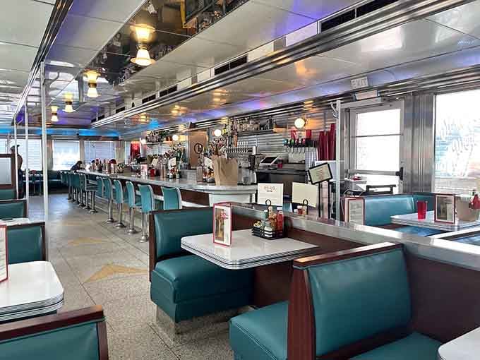 Turquoise vinyl booths and chrome accents create a time machine you can actually sit in and eat.
