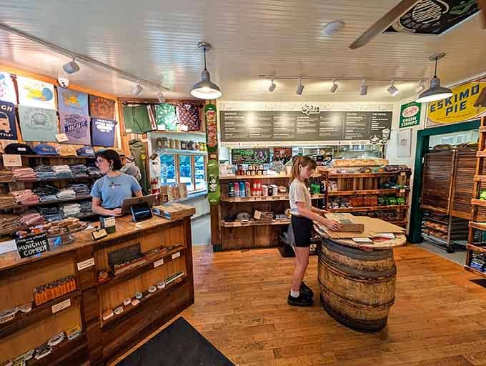 Inside, wooden shelves and vintage vibes create the kind of welcoming atmosphere where great sandwiches are born.