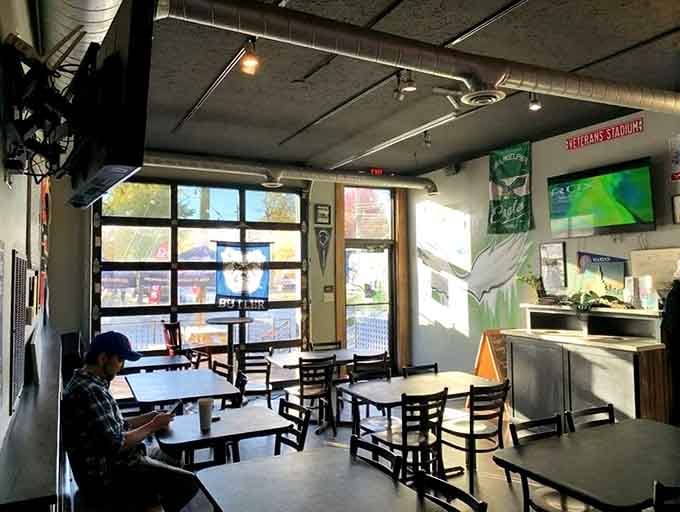Interior blends industrial cool with comfortable seating where serious sandwich eating happens daily.