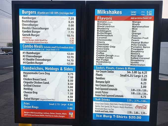 This menu board is a masterclass in simplicity: burgers, shakes, and enough milkshake flavors to make Baskin-Robbins jealous.