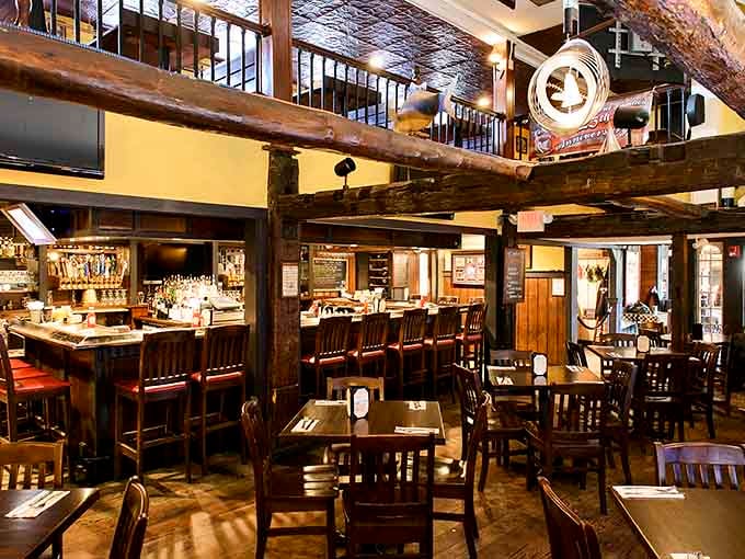 Rustic beams and stone walls create the perfect backdrop for serious eating and even more serious relaxation.