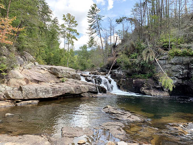 Water tumbling into a swimming hole that's equal parts beautiful and bracingly cold for brave souls.