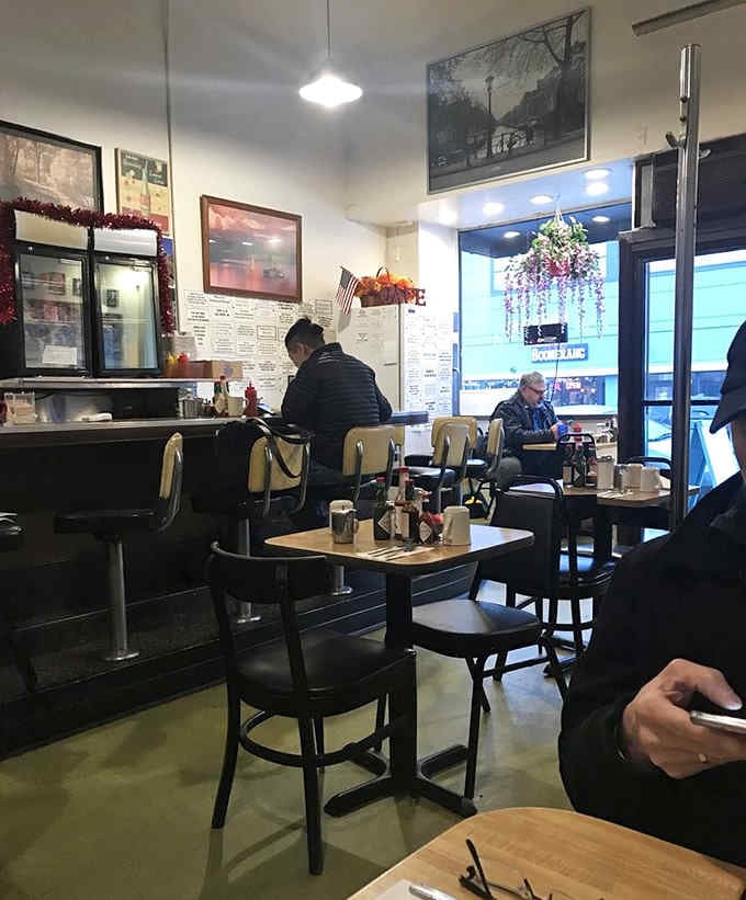 Counter seats and cozy booths create the perfect diner atmosphere where strangers become friends over coffee.
