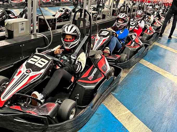 The pre-race lineup where everyone's smiling now, but someone's about to discover their competitive side real quick.