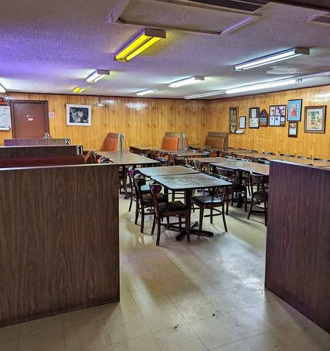 Wood paneling and fluorescent lights create the perfect no-frills atmosphere where the food does all the talking.