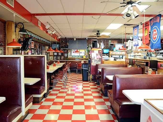 Red and white checkered floors that have witnessed more happy meals than a therapist's couch on Thanksgiving.